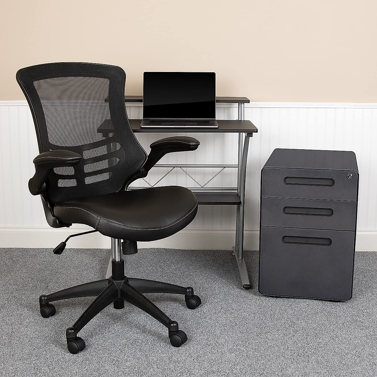 Flash Furniture Work From Home Kit - Black Computer Desk, Ergonomic Mesh/LeatherSoft Office Chair and Locking Mobile Filing Cabinet