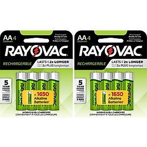 8 Rayovac AA Recharge Rechargeable 1350mAh NiMH Pre-Charged Batteries, (2 x 4 Packs) + Holders
