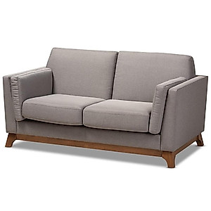 Baxton Studio Sava Mid-Century Modern Grey Fabric Upholstered Walnut Wood 2-Seater Loveseat