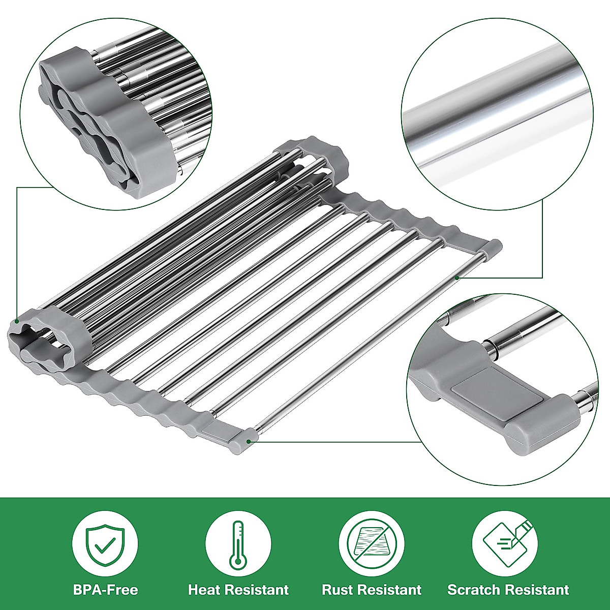 cycleacc 13"- 24" Roll Up Dish Drying Rack, Expandable Over The Sink Dish Drainer Drying Rack, Large Folding Collapsible Stainless Steel Roll Up Dish Drying Rack, Kitchen Foldable Over Sink Organizer