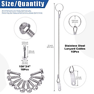 Glarks 20Pcs 11 Inches Lanyard Cable Set Including 10Pcs 304 Stainless Steel Safety Tether Wire with Quick Release Ring and Rubber Coating and 10Pcs Self Drilling Hex Head Screws for Car Boat Fastener
