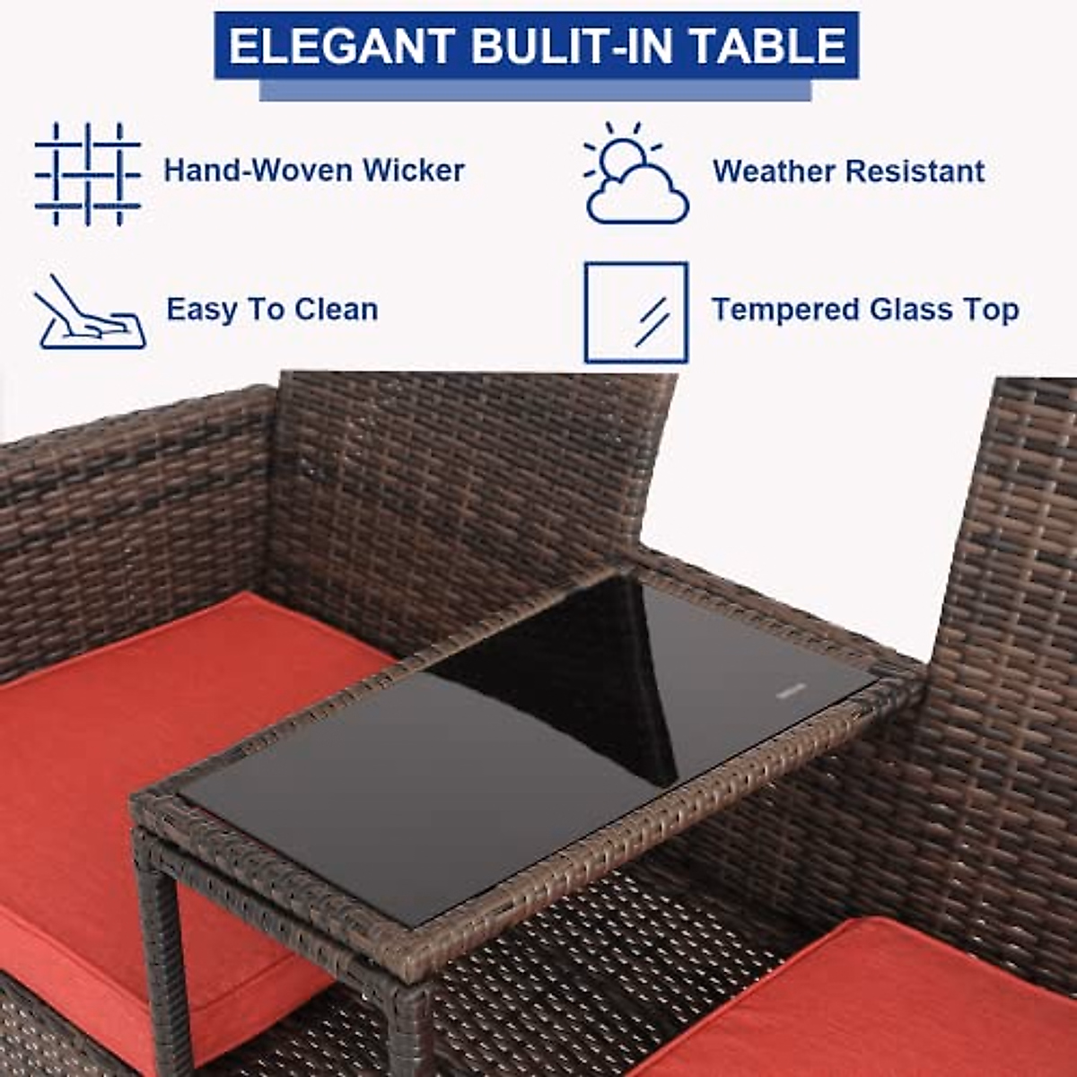 BPTD Outdoor Patio Loveseat Patio Furniture Set Rattan Patio Bistro Set Wicker Conversation Furniture Sets with Cushios and Built-in Coffee Table for Balcony, Lawn, Backyard (Brown/Turquoise)