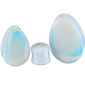 Pair 1-1/2" (38MM) OPALITE TEARDROP STONE PLUGS Double Flare Gauges Organic Moonstone White Clear Tunnels (2pcs)