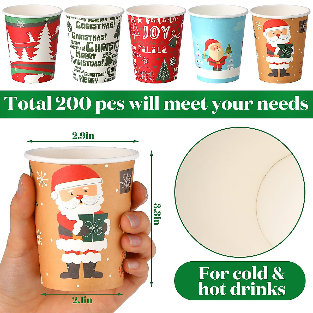 Jinei 200 Pcs 9 oz Christmas Paper Cups Christmas Disposable Coffee Cup Hot Chocolate Cocoa Cup For Xmas Christmas Party Supplies Tea Coffee Paper Cups for Party Holidays Hot Cold Drinks (Novel)