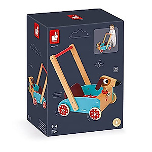 Janod Crazy Doggy Cart – Adorable Wooden Push Toy Walker with Storage – Dog Bell Rings When the Cart is Pushed - Encourages Walking and Discovery – Ages 1+ years.