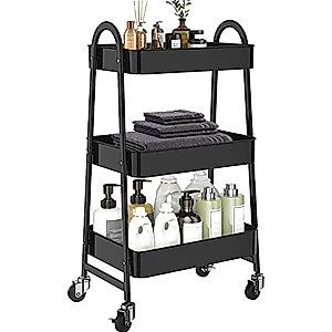 gianotter 3-Tier Utility Rolling Cart - Multifunctional Cart with Lockable Casters, Easy to Assemble, Suitable for Office, Bathroom, Kitchen, Living (Black)
