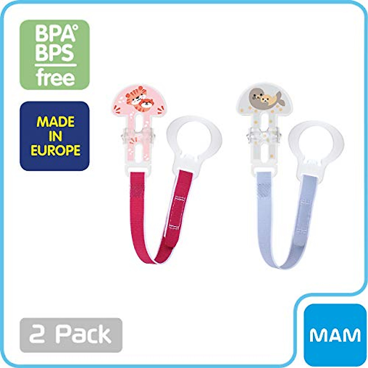 MAM Pacifier Clips for Baby Girls with Fasteners and Flexible Rings, Designs May Vary, 2 Count