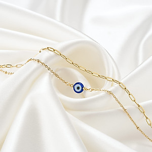 Tarsus Blue Evil Eye Bracelet for Women Adjustable Ojo Turco Kabbalah Amulet Nazar Layered 14K Gold Plated Bracelets