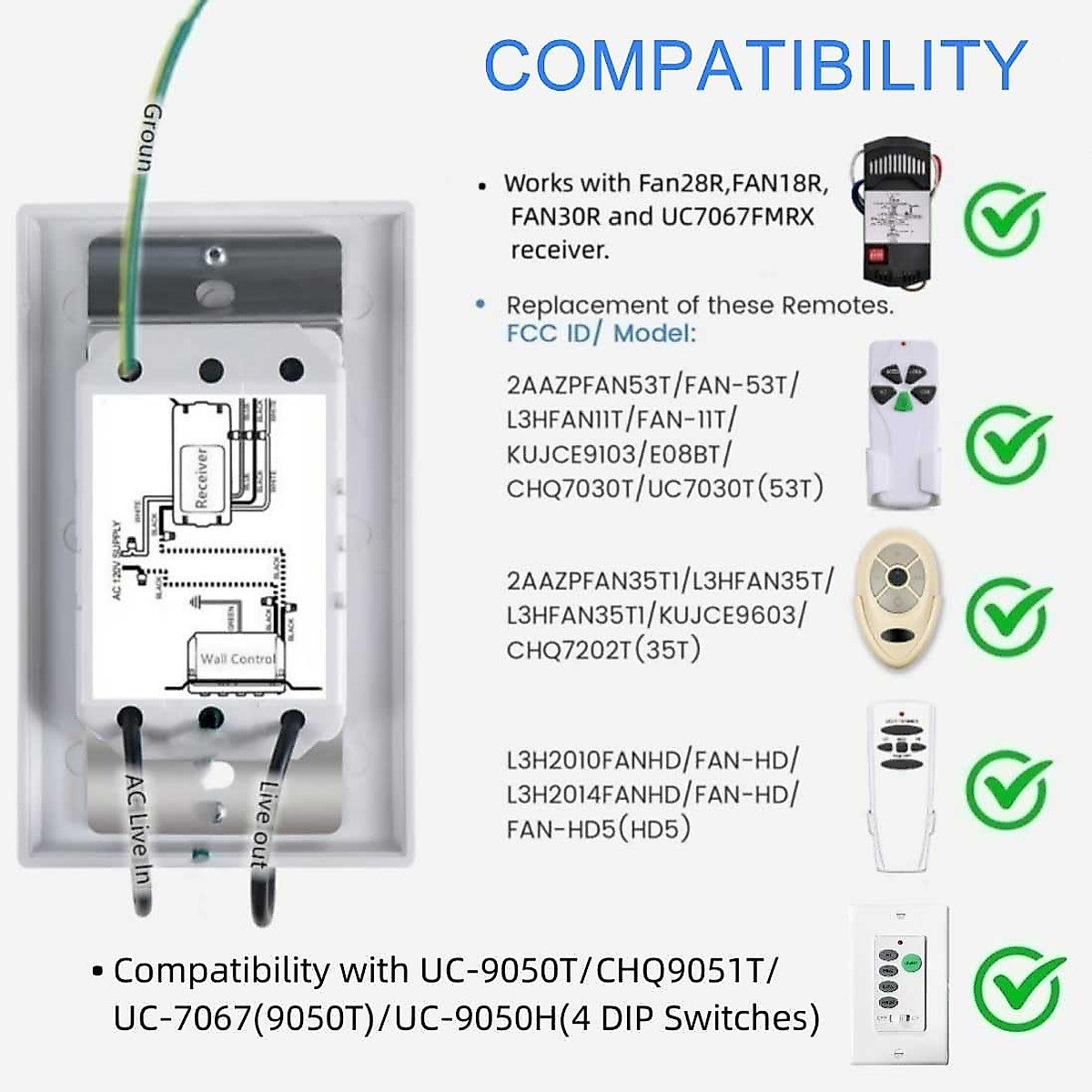 Ceiling Fan Remote Control Kit, Universal Wall Mount Fan Switch Replacement for Hampton Bay Harbor Breeze Hunter, UC9050T Wired Transmitter & R28 Receiver Kit, Fan 3 Speed Adjustable and Light Dimmer