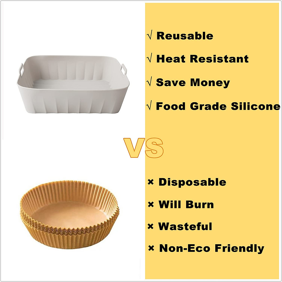 Mirenlife 2Pcs Air Fryer Silicone Liners, Square Silicone Air Fryer Liners, Reusable 8 Inch Silicone Air Fryer Basket, Easy Cleaning Air fryer Silicone Pot for 4 to 7 QT Air Fryer