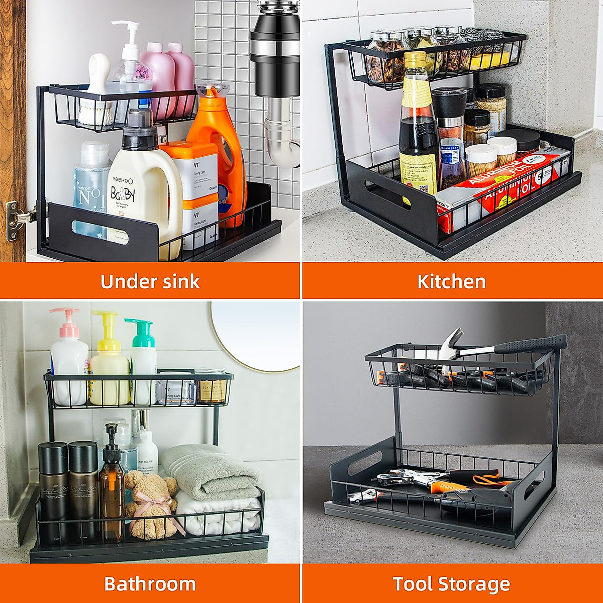 MZUOTU Under Sink Organizer and Storage, 2 Tier Pull Out Cabinet Organizer Sliding Shelf Cabinet Storage Multi-Use Slide L-Shape Under Sink Cabinet Drawer Organizer for Kitchen Bathroom