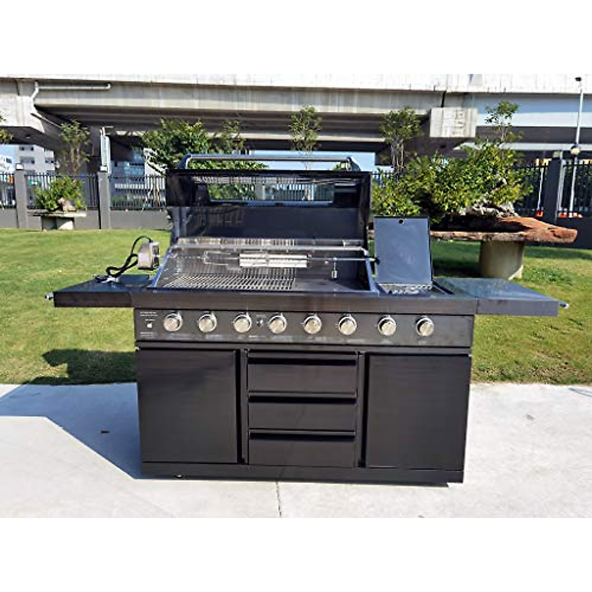 Modular 4 Piece Island Electric and Propane or Natural Gas BBQ Outdoor Black Stainless Steel Grill Kitchen with Double Wine Refrigerator, Sink, Rotisserie, Black Marble Top and FREE Protective Canvas Cover