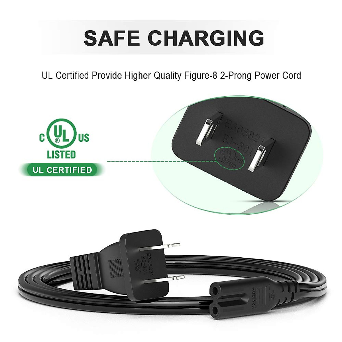 TV Power Cord for Samsung LG TCL Sony: 6Ft 2 Prong AC Wall Plug 2-Slot LED LCD Cable Insignia Sharp Toshiba JVC Hisense Electronics UN65KS8000FXZA UN40J5200AFXZA 43UH6100