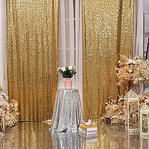2Pcs 3Ft x 8Ft Gold Sequin Backdrop Curtain, Glitter Photography Background, Sequence Xmas Thanksgiving Backdrop for Wedding Party Holiday Festival Decor…