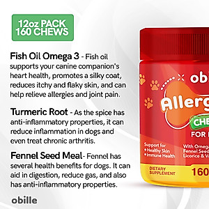 Obille Allergy Aid for Dogs 160 Chews 12 oz – Relieves Itchy Skin, Healthy Coat, Safe Natural Ingredients, Antioxidant Immunity Booster with Omega3 & Turmeric