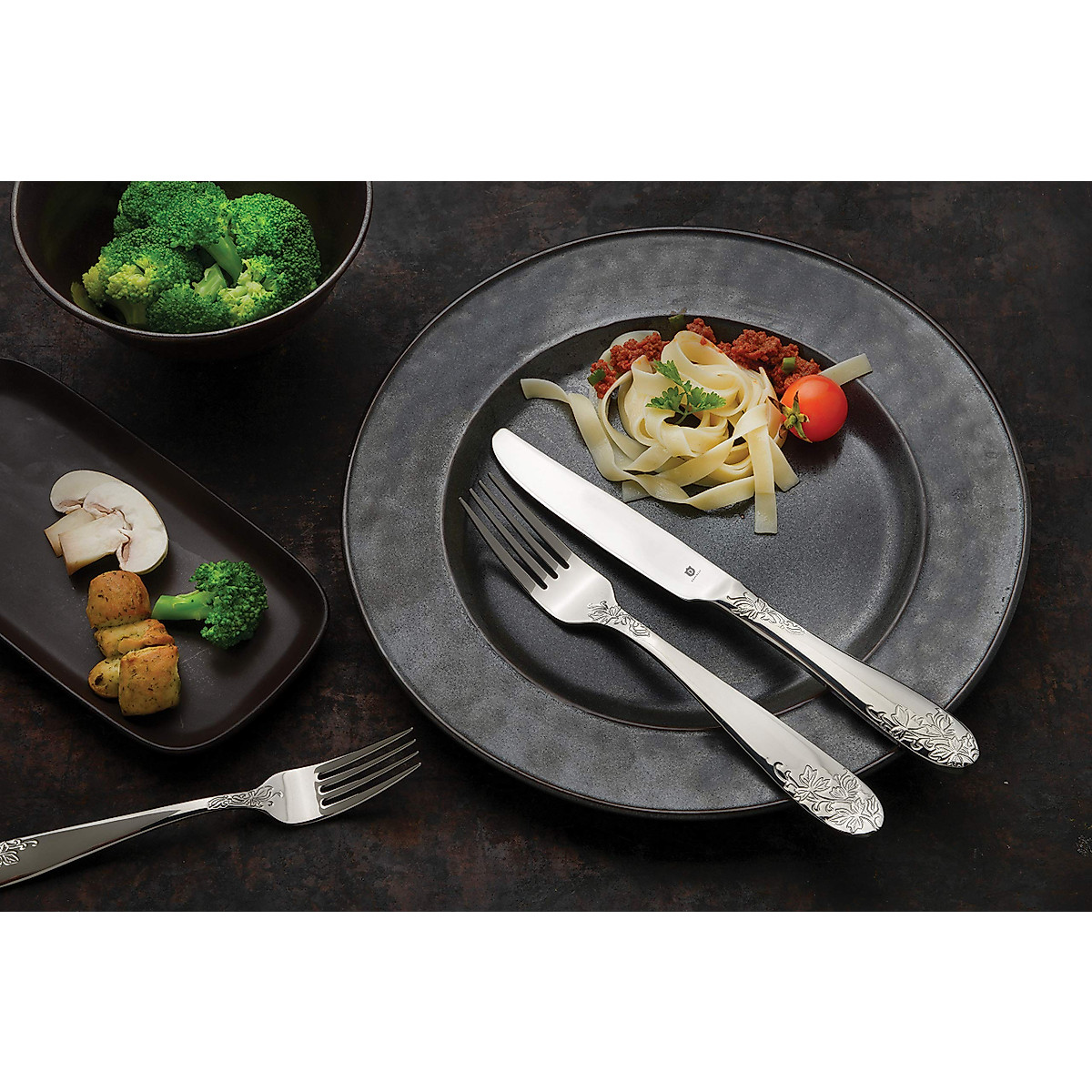 DANIALLI Modern Silverware Set - 18/10 Stainless Steel Flatware Set for Elegant Dining - Dishwasher Safe Cutlery Set (Imperial 40-Piece, Floral)