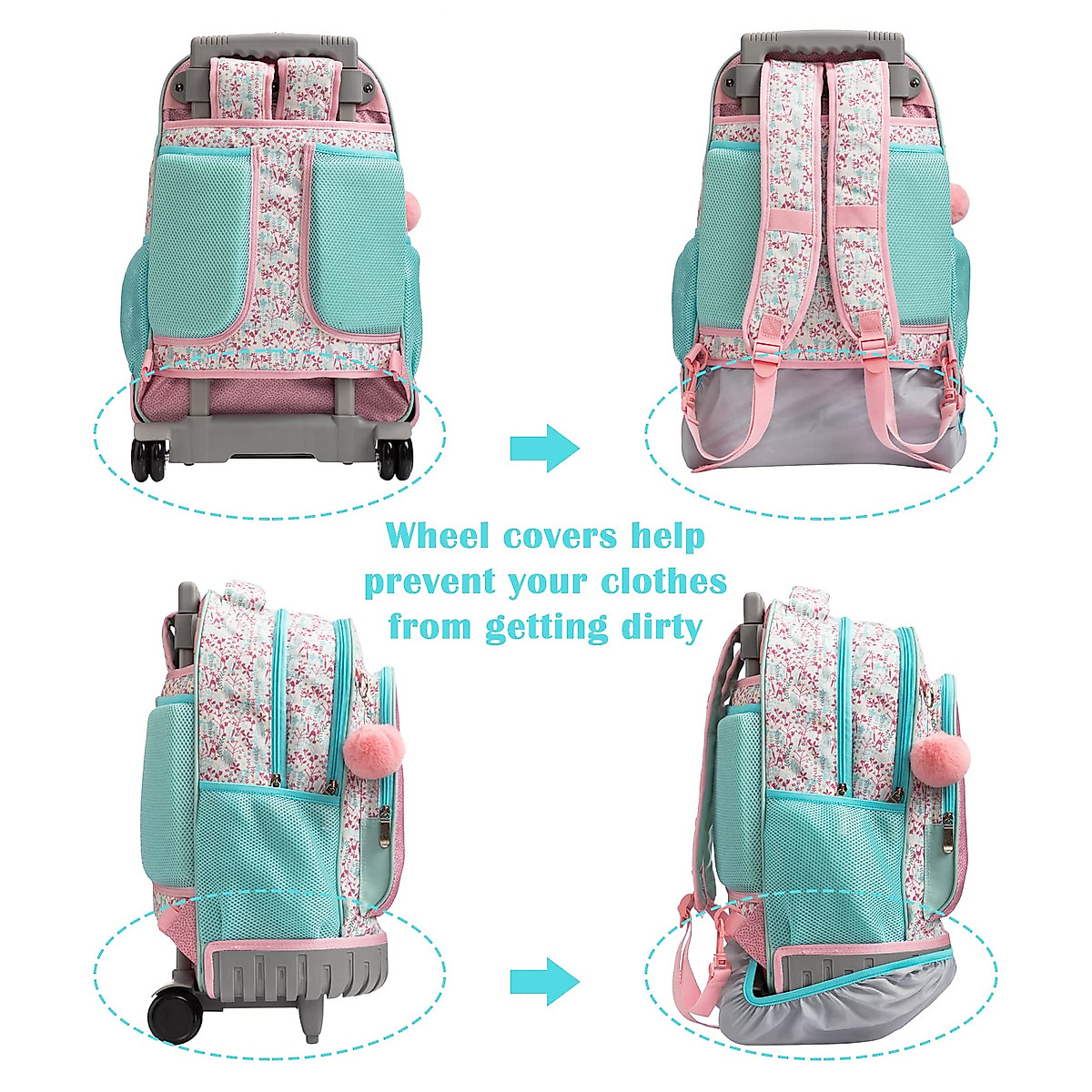 SKYMOVE 18 inch Multi-Compartment Double Handle Wheeled Student School Rolling Backpack for Girls Business Trip Carry-on, Pink Girl