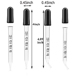 20pcs 1ml Glass Liquid Droppers, Essential Oils Eye Dropper Pipettes with Black Suction Bulb, for Makeup Art Liquid Plant Nutrients, Straight Tip and Bent Tip 2 Style