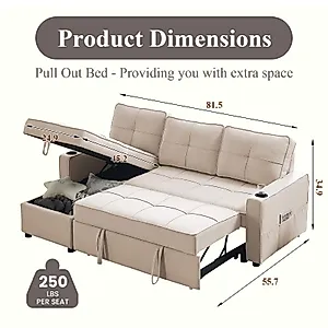 Bumblr Sleeper Sofa Couch with Pullout Bed for Living Room, Modular Sectional Sofa Bed with Storage Chaise, 3 Seater L Shape Couch with Cup Holders, USB Port and Phone Holder, Beige