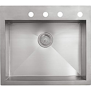 KOHLER Vault 25" Single Bowl 18 Gauge Stainless Steel Kitchen Sink with Four Faucet Holes K-3822-4-NA Drop-in or Undermount Installation, 9 Inch Bowl