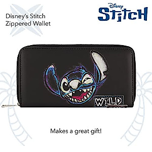 Concept One Disney Lilo and Stitch Wallet with Zipper, Zip Around Wallet Clutch, Black