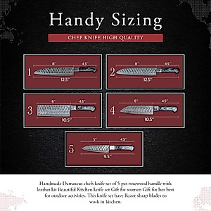 Morf Steelware Professional Damascus Kitchen Knife Set - 5 Piece Chef Knife Collection, Handmade with Steel and Leather Roll - Knife for Chefs and Home Cook