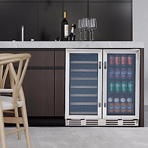 30 inch Wine and Beverage Refrigerator, 33 Bottles & 96 Cans Wine Cooler Refrigerator, Dual Zone Wine Cooler with Glass Door and Lock, Built in or Freestanding Under Counter Wine Fridge