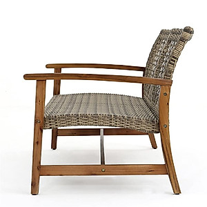 Great Deal Furniture Marcia Outdoor Wood and Wicker Loveseat, Natural Finish with Gray Wicker