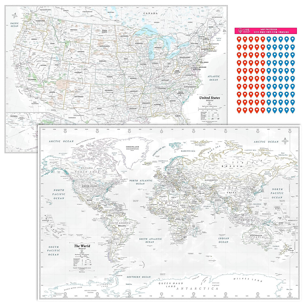 NOWMAP AquaShield Double-Sided World and USA Map Waterproof 2 Wall Map Set 24x36 - Folded Edition with (Pin Stickers)