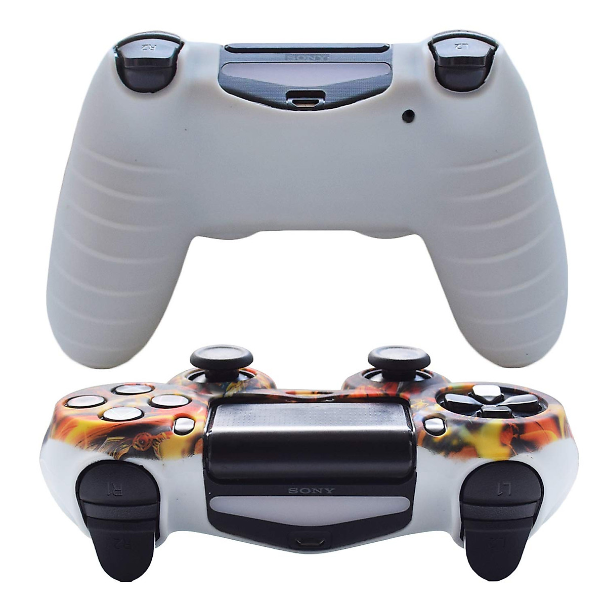 PS4 Controller Grip,Hikfly Skin Silicone Gel Controller Cover Case Protector Compatible for PS4/PS4 Slim/PS4 Pro Controller (1x Controller Cover with 8 x FPS Pro Thumb Grip Caps)(White Win)