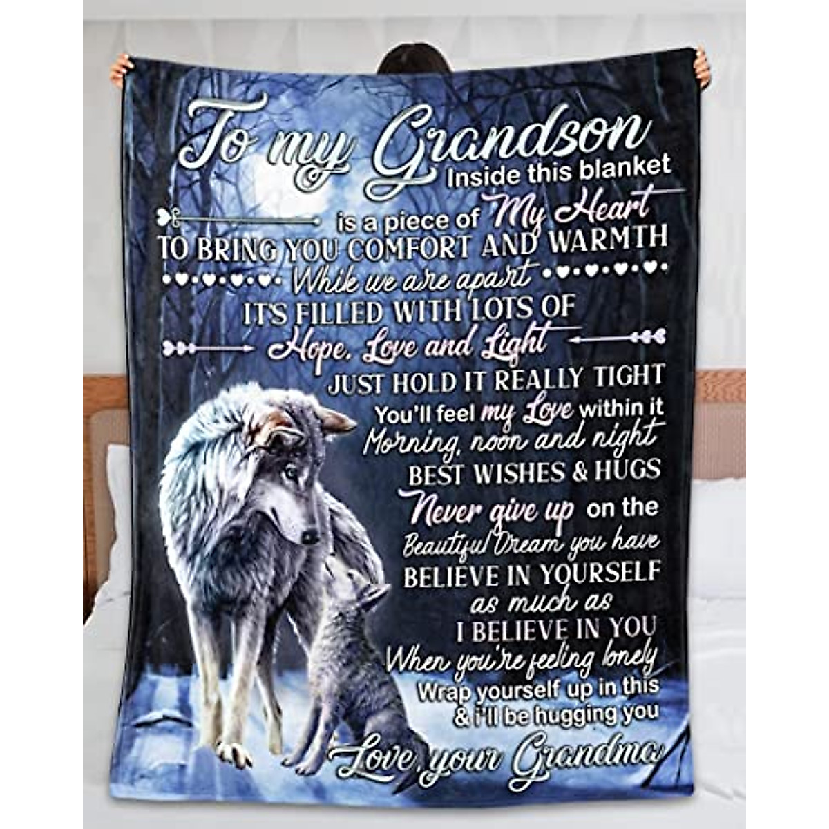 Personalized to My Grandson Blanket from Grandma Inside This is A Piece of Heart Custom Name Wolf and Moon Soft Warm Plush Fleece Throw Blankets Gifts for Christmas Birthday Xmas, Multi Color