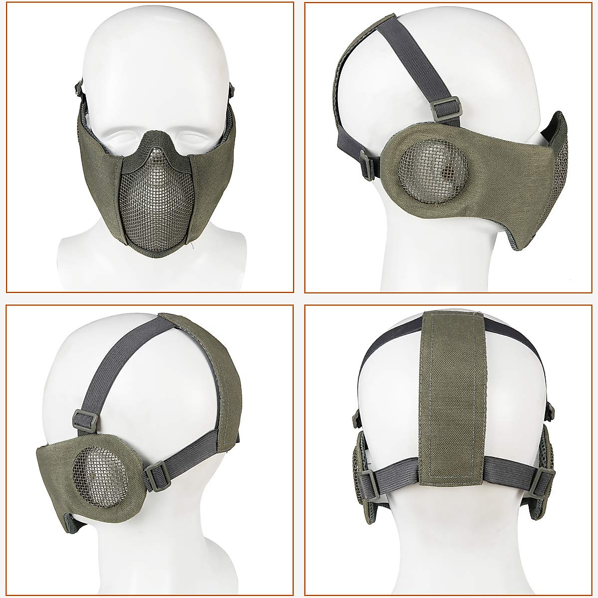 AOUTACC Airsoft Mask, Half Face Mesh Masks with Ear Protection for CS/Hunting/Paintball/Shooting (Mesh Ear, Gray)