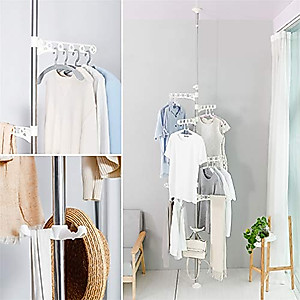 Hershii Adjustable Laundry Pole Corner Clothes Garment Drying Rack Hat Hanger Coat Tree Floor to Ceiling Tension Shelf Storage Organizer with 5 Arms and 1 Hook - Ivory