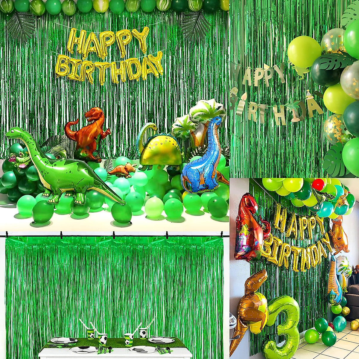 Slmeno 4 Pack Green Foil Fringe Curtain Glitter Backdrop, 12.8x8.2 Feet, Tinsel Curtain Backdrop for Party Decorations, Green Streamer Backdrop Curtain, Christma Hawaiian Birthday Football Backdrop