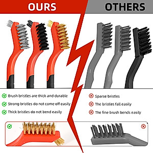 IEGREMAR 3pcs Wire Brushes for Cleaning Rust, Upgrade Wire Brush Set - Brass/Stainless Steel/Nylon Bristles, Small Metal Wire Brush with Curved Handle Grip, Wire Brushes for Paint and Stain, 7 Inches