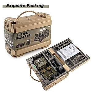 WOWRC RocHobby 1/12 1941 MB Scaler RC Jeep, 4x4 Hobby Grade RTR RC Car Mini RC Rock Crawler Military, 2.4Ghz RC Truck with 180 Brushed Motor, LED Lights, Battery and USB Charger for Adults