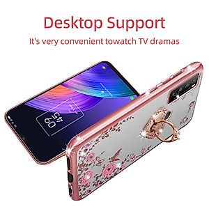 KuDiNi for TCL 30 XL Phone Case, 30XL T701DL Case for Women Glitter Crystal Soft Bling Butterfly Heart Floral Clear Protective Cover with Kickstand+Strap for TCL 30 XL 30XL (Rose Gold)