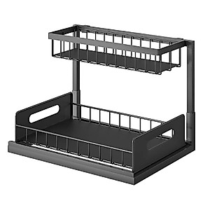 Under The Sink 2-Tier Sliding Organizer - Kitchen And Bathroom Cabinet Storage- Sturdy L-Shaped, Pull Out Shelf - Ideal for Kitchen, Bathroom, Cabinet, and Countertop - Black Metal