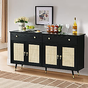 Buffet Cabinet with Storage, 55” Black Kitchen Cabinet with 4 Handmade Natural Rattan Doors, Black Sideboard Storage Cabinet with 2 Drawers for Dining Living Room