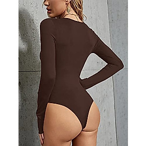 REORIA Women's Casual Classy Asymmetrical Neck Long Sleeve Ribbed Slimming Thong Leotards Bodysuit Tops Coffee Large