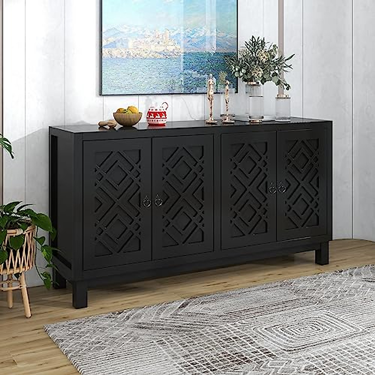 Wood Storage Cabinet, Large Storage Space Sideboard, 4 Door Buffet Cabinet with Pull Ring Handles for Living Room, Dining Room, Easy Assembly (Black)