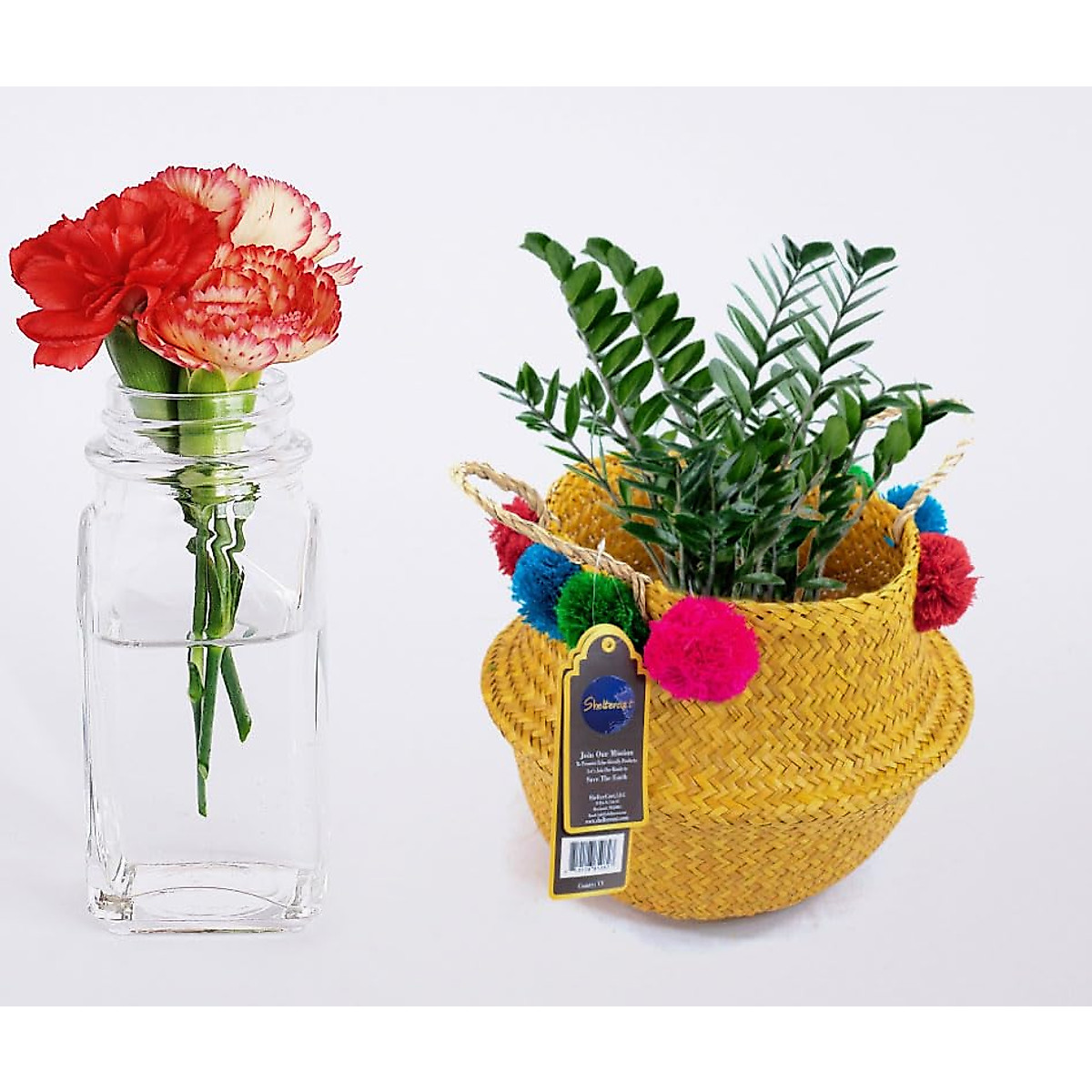 ShelterCast Dyed Seagrass Belly Basket with 8 Pompoms And Handle. (Yellow(Large))