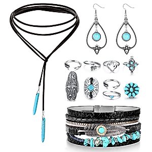 Sanfenly Bohemian Turquoise Jewelry Pendant Suede Long Choker Necklace Vintage Turquoise Statement Dangle Earrings Boho Leather Cuff Bracelet with Stackable Knuckle Rings Set for Women, Metal, Cubic