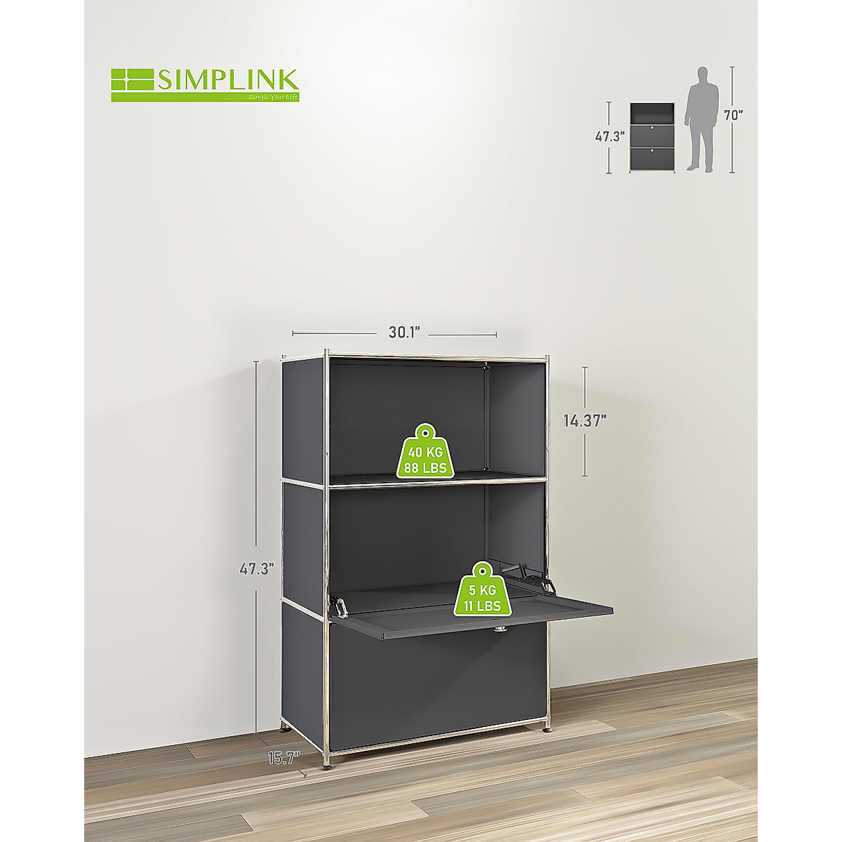 Simplink Metal Shelf with 2 Flap Doors, Large Capacity Cabinet,DIY Modern Home Furnishing,Perfect for Home, Office, Kitchen, Hallway,Foyer (Grey)