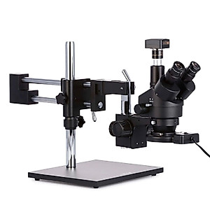 AmScope SM-4TZ-FRL-MB Digital Professional Trinocular Stereo Zoom Microscope, WH10x Eyepieces, 3.5X-90X Magnification, 0.7X-4.5X Zoom Objective, 8W Fluorescent Ring Light, Double-Arm Boom Stand, 110V-120V, Includes 0.5X and 2.0X Barlow Lenses and 1.3MP Ca