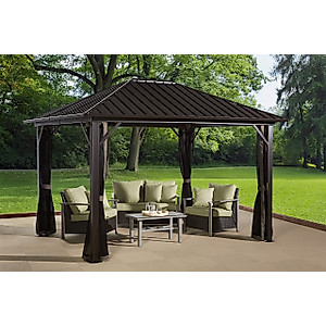 Sojag 10' x 12' Genova Hardtop Gazebo Outdoor Weather-Resistant Aluminum Frame Shelter with Mosquito Net Dark Brown