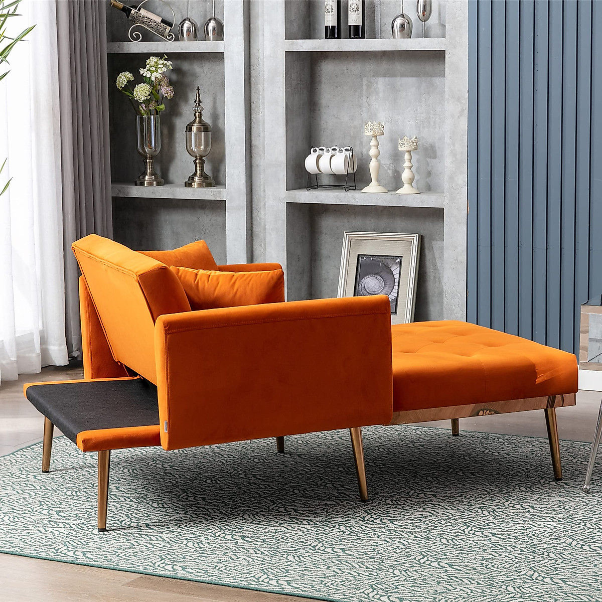 HomSof Adjustable Backrest Chaise Lounge Velvet Sofa Bed with Thick Padded, Convertible Reclining Chair with Rose Golden Metal Legs