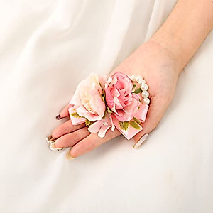 Yean Rose Gold Wedding Wrist Corsage Bridal Hand Flower Pearl Wristlet Band Bracelet Bridesmaid Floral Corsage Accessories for Women and Girls (Pink)