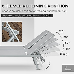 Outsunny Chaise Lounge Pool Chairs Set of 2, Aluminum Outdoor Sun Tanning Chairs with Five-Position Reclining Back, Shelf & Breathable Mesh for Beach, Yard, Patio, Light Gray