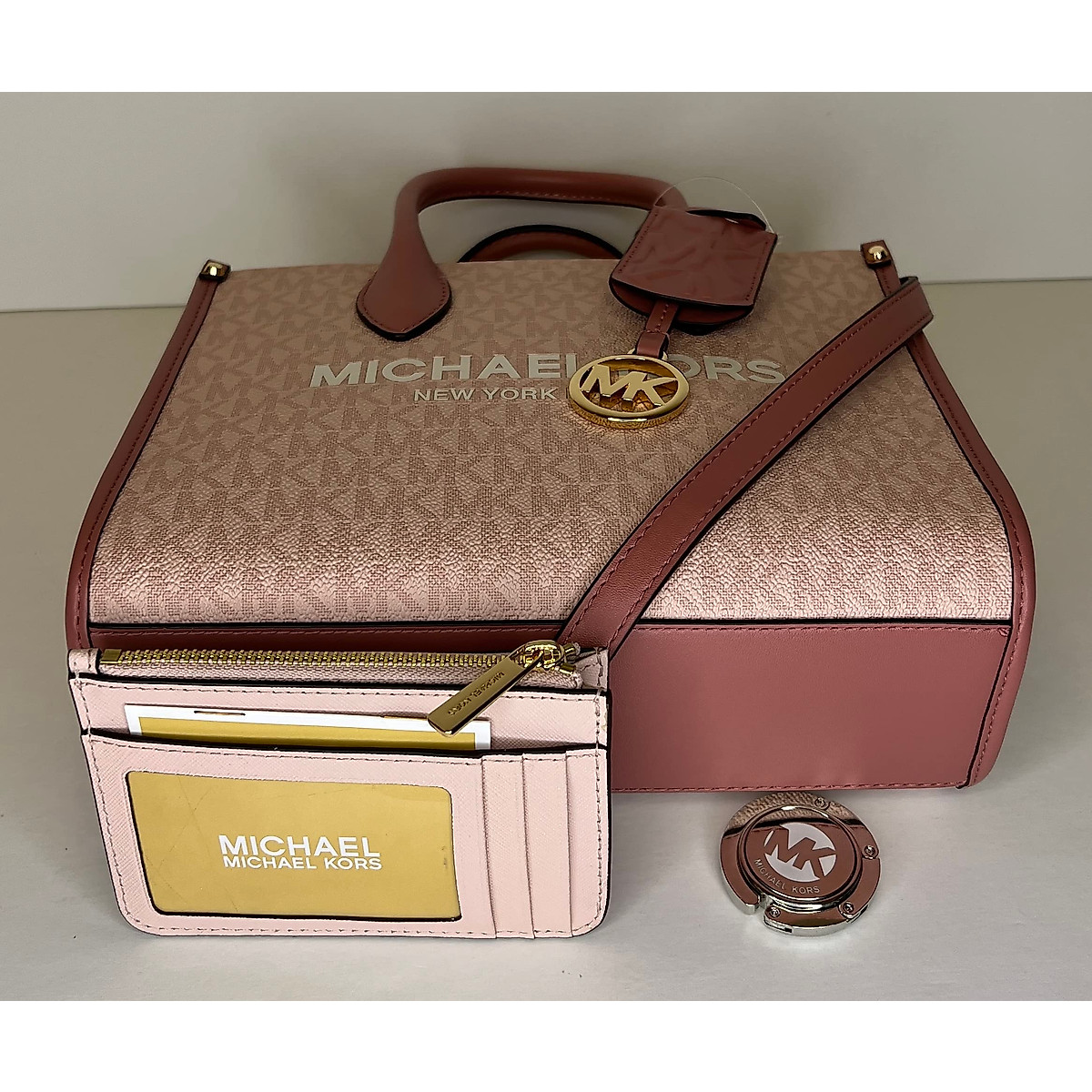 Michael Kors Mirella Small Shopper Top Zip Bag bundled SM TZ Coinpouch Purse Hook (Pink MK Signature)